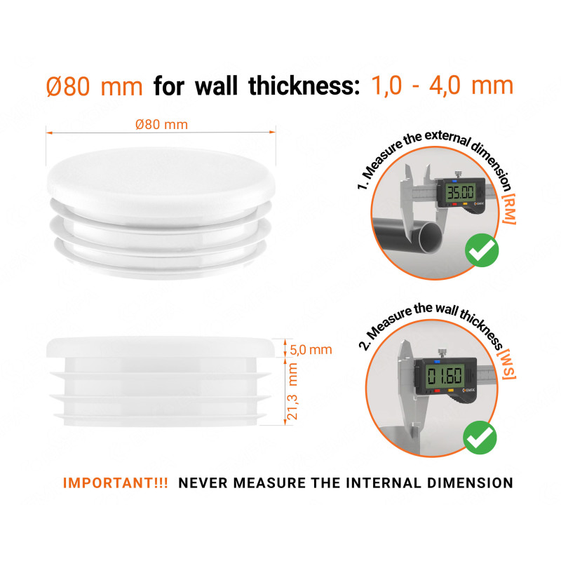 White plastic plug for 80 mm round tube. Plastic pipe end caps, round ...