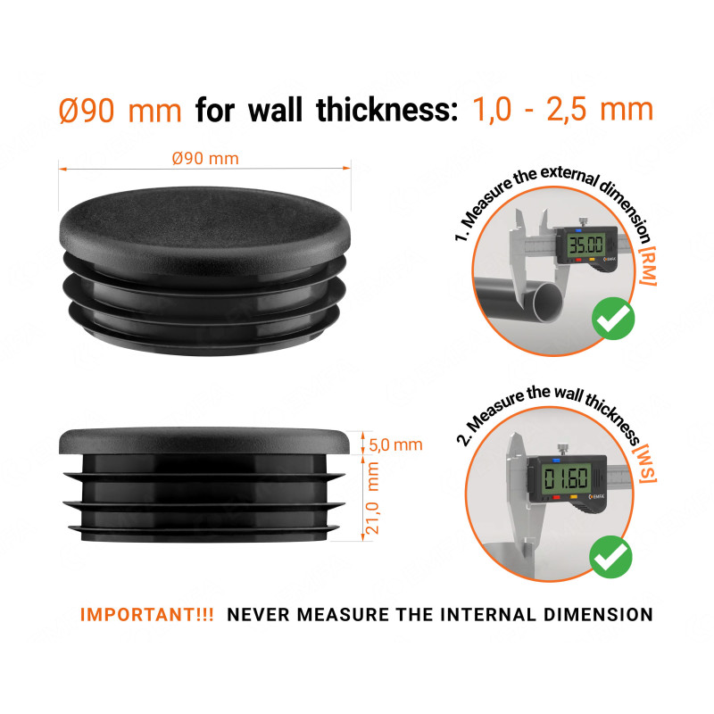 Black plastic plug for 90 mm round tube. Plastic pipe end caps, round ...